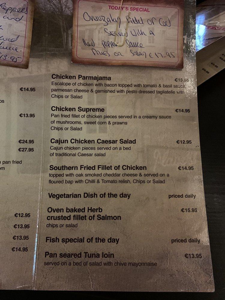 Menu at Fureys Bar, Moyvally