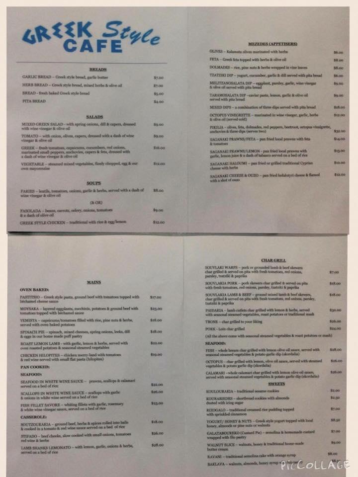 Menu at Greek Style Café, Upper Coomera
