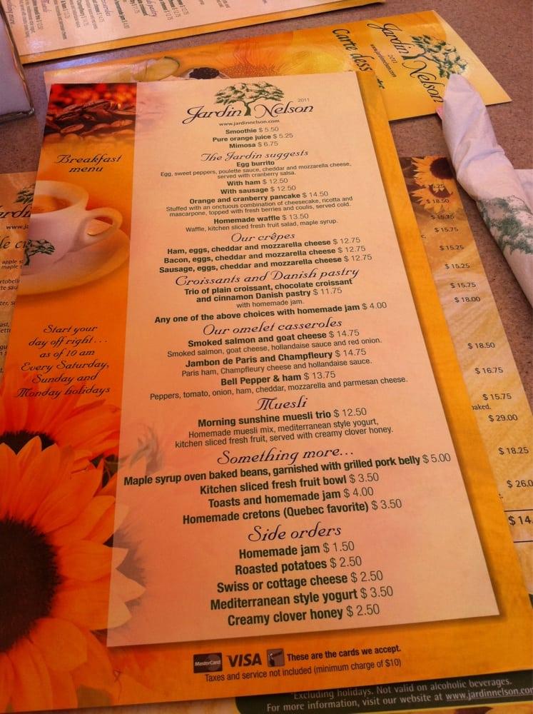 Menu at Jardin Nelson restaurant, Montreal