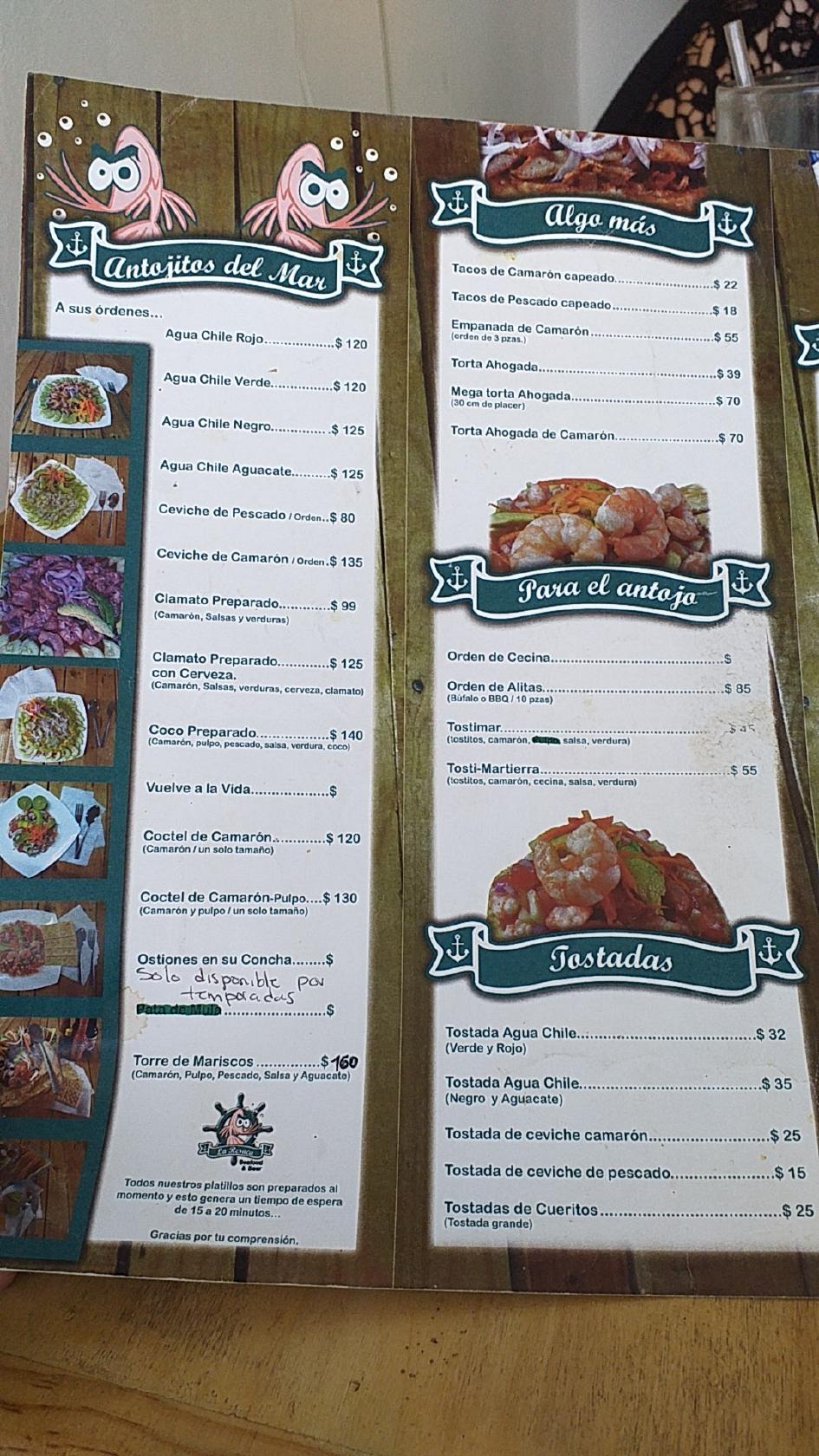 Carta del restaurante La Resaca Marisquería, Tonalá