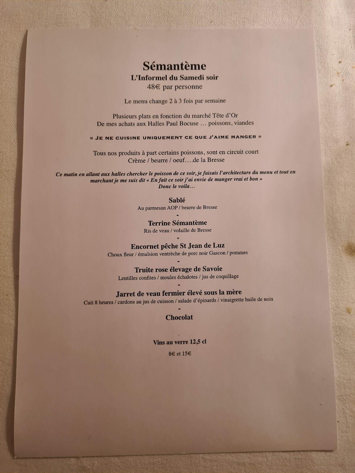 Menu au Restaurant Sémantème, Lyon