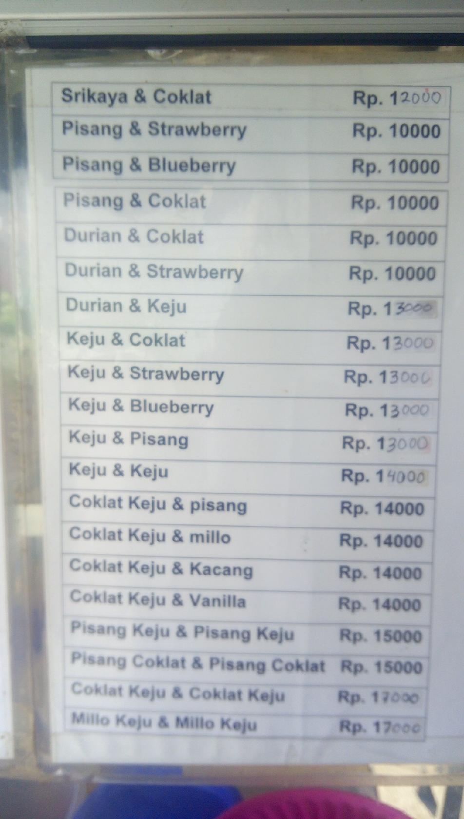 Menu at Roti Bakar Mahkota restaurant, Sidoarjo