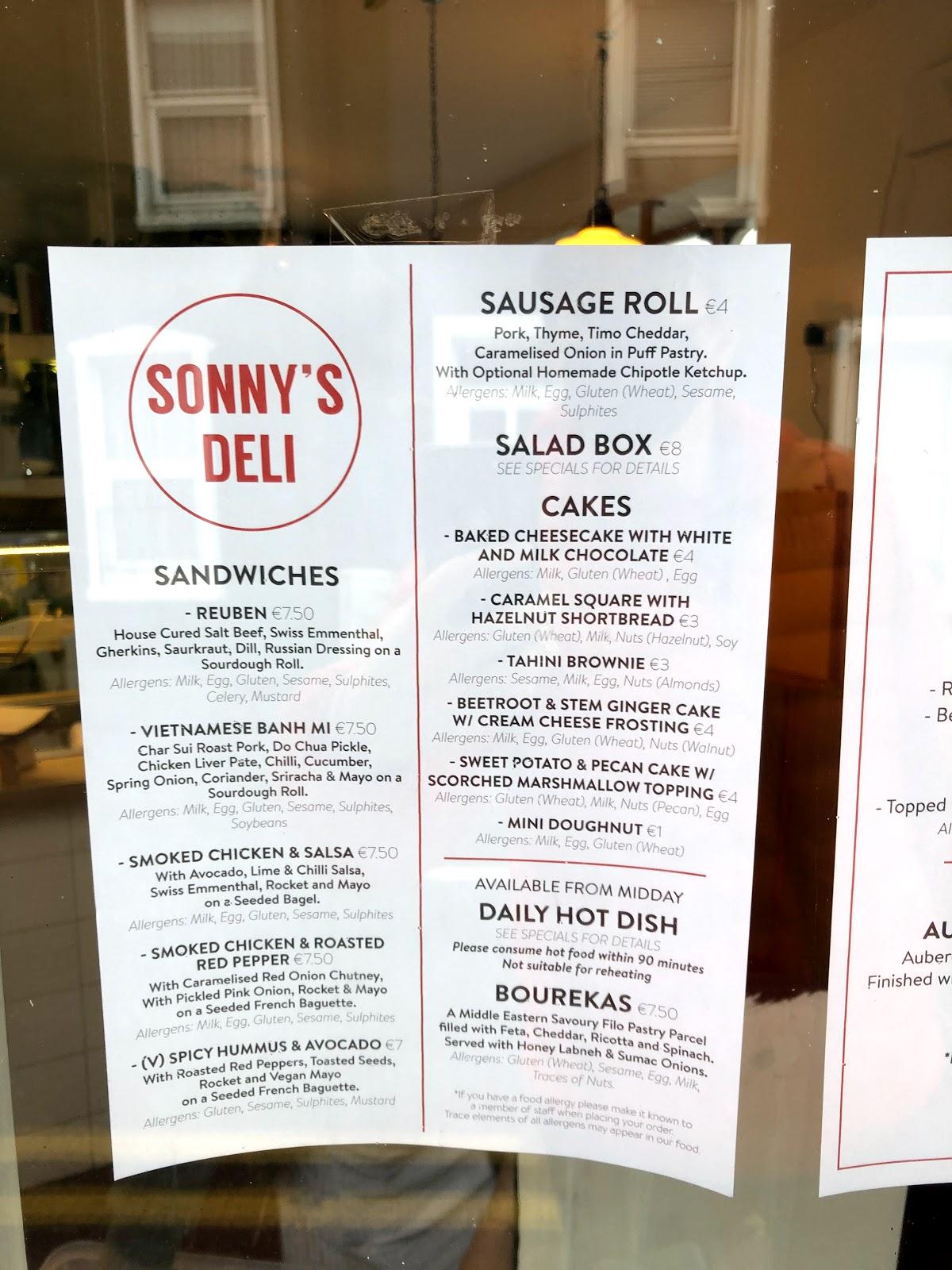 Menu at Sonny's Deli cafe, Cork