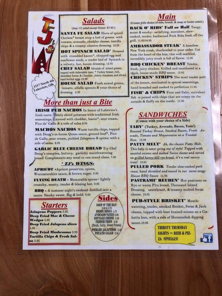 Menu at TJ's Family Fun Center & Restaurant, Lakeview