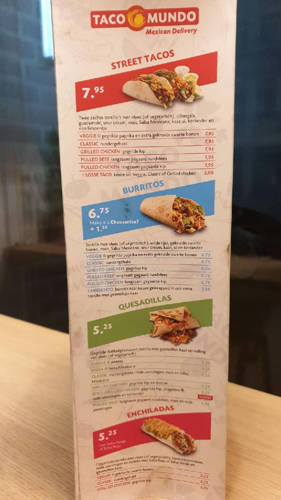 Menu at Taco Mundo Arnhem, Arnhem