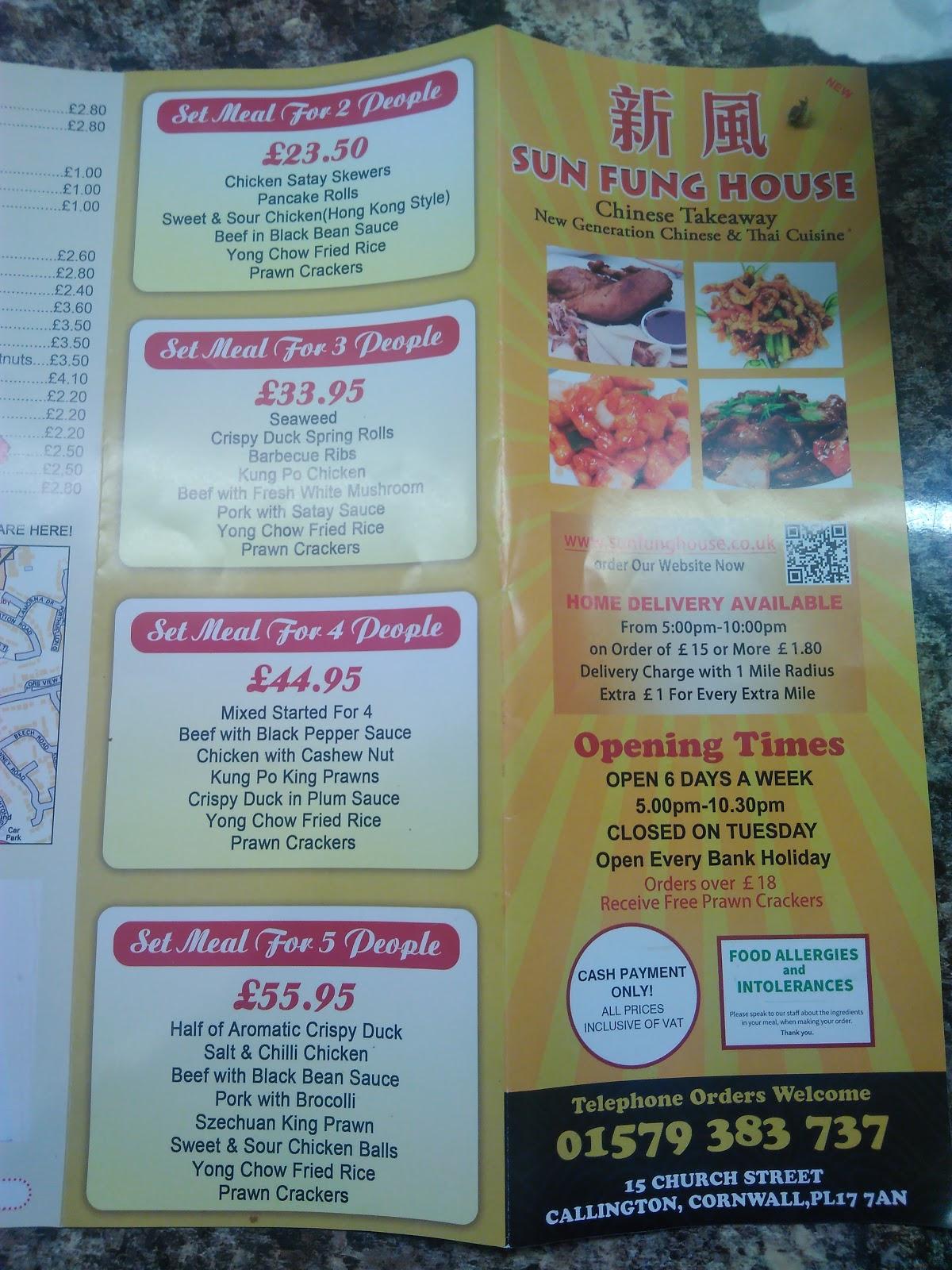 Menu at Sun Fung House fast food, Callington