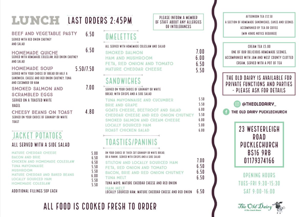 Menu at The Old Dairy cafe, Bristol, 23 Westerleigh Rd