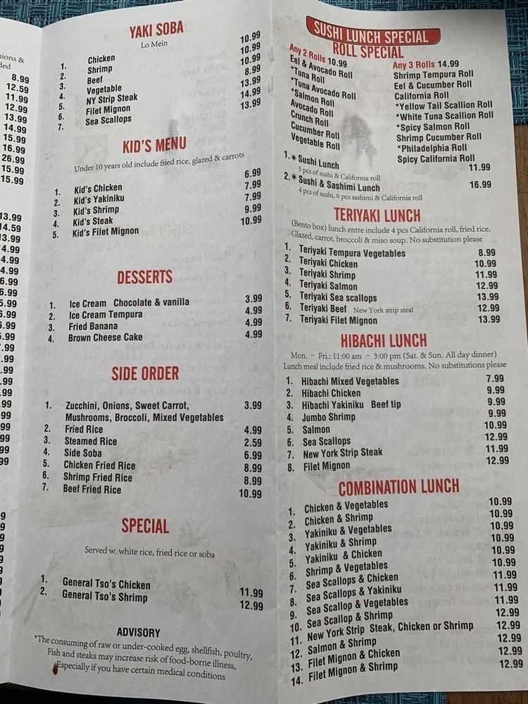 Menu at Tokyo Restaurant, Columbia City