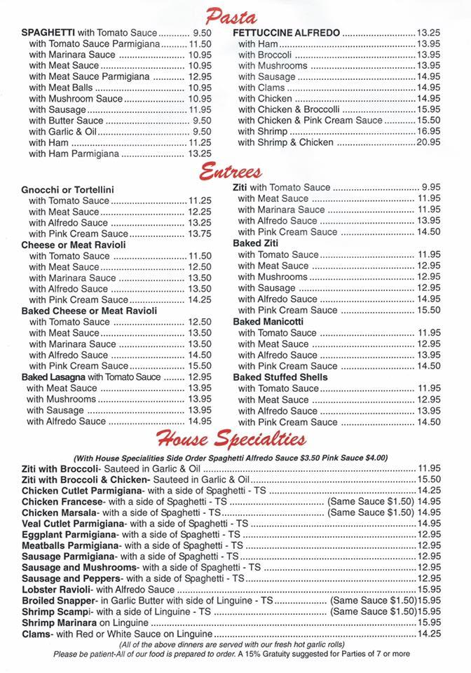 Menu at Tony's Place pizzeria, Hialeah, NW 78th Ave