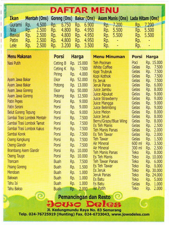 Menu at pemancingan dan resto jowo deles restaurant, Semarang