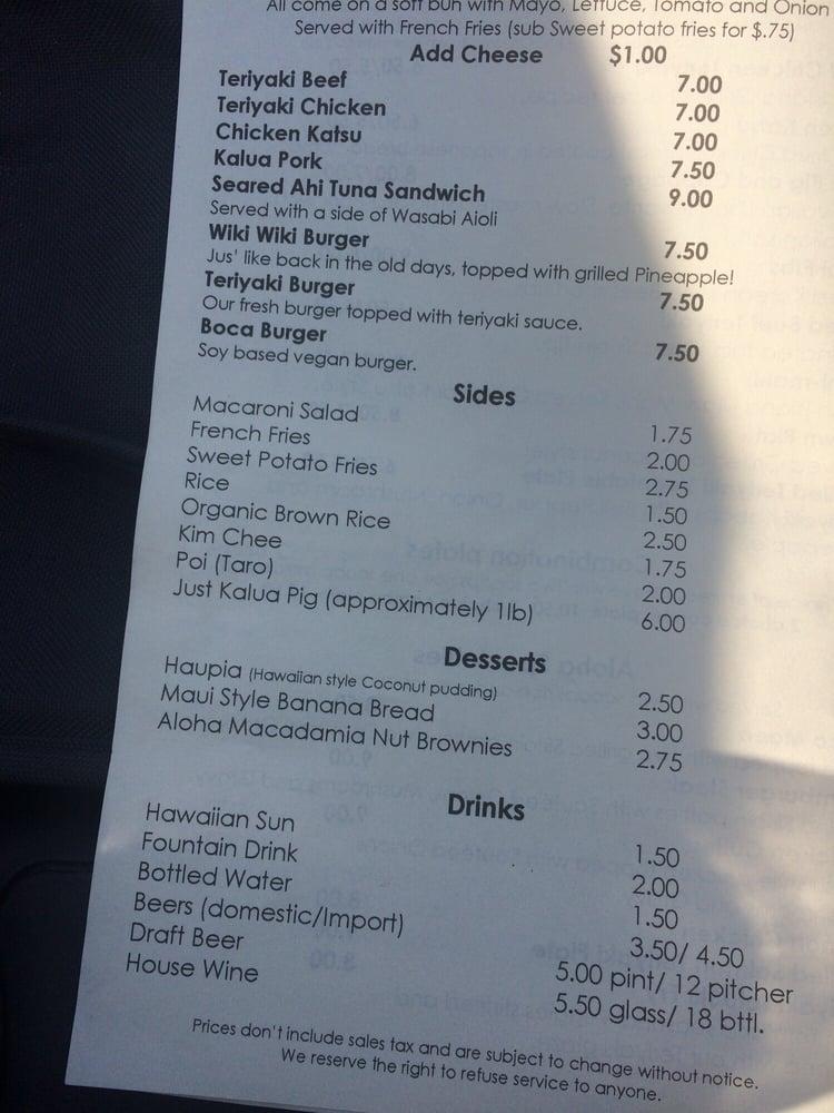 Carta del restaurante Aloha Island Grille, Santa Cruz