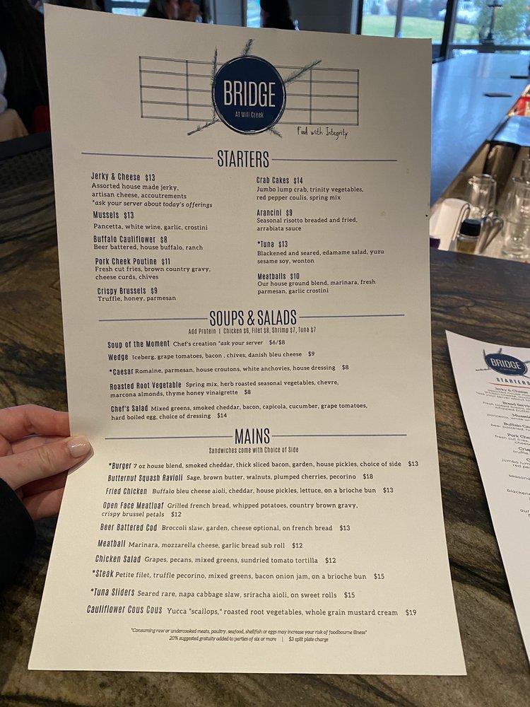 Menu at Bridge at Mill Creek restaurant, Highlands