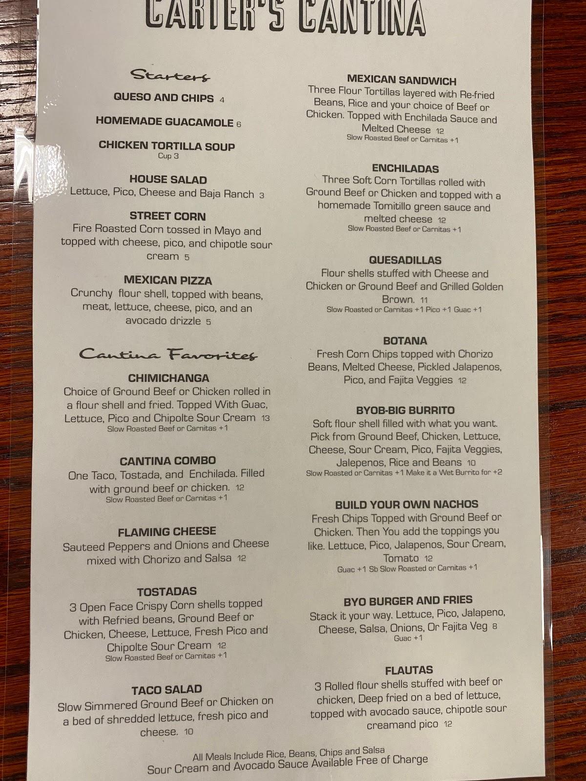 Menu at Carter's Cantina restaurant, Shelby charter Township