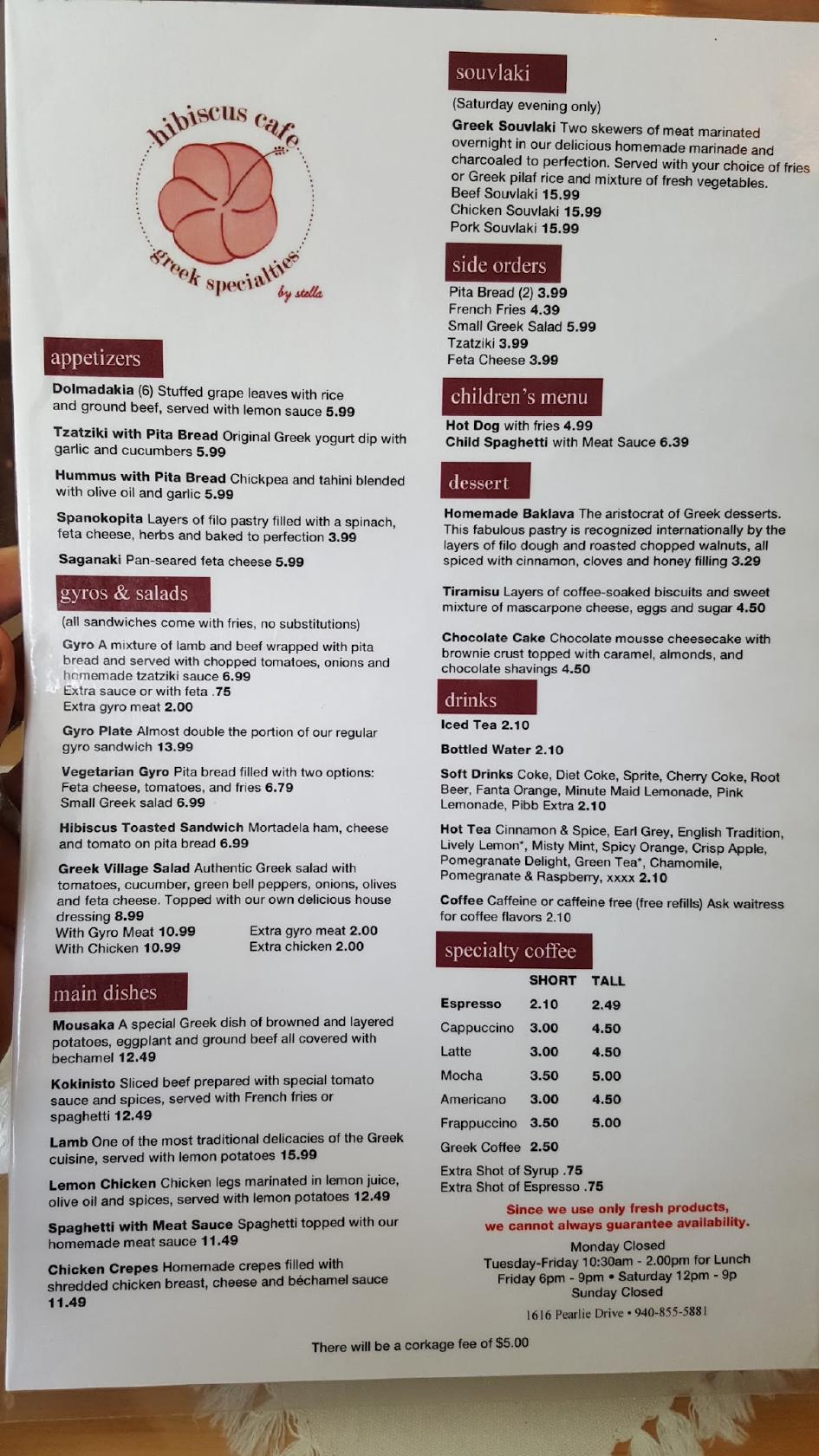 Menu at Hibiscus Cafe, Wichita Falls
