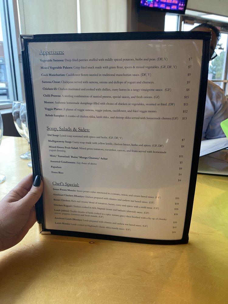 Menu at Highlands Indian Cuisine restaurant, Highlands Ranch