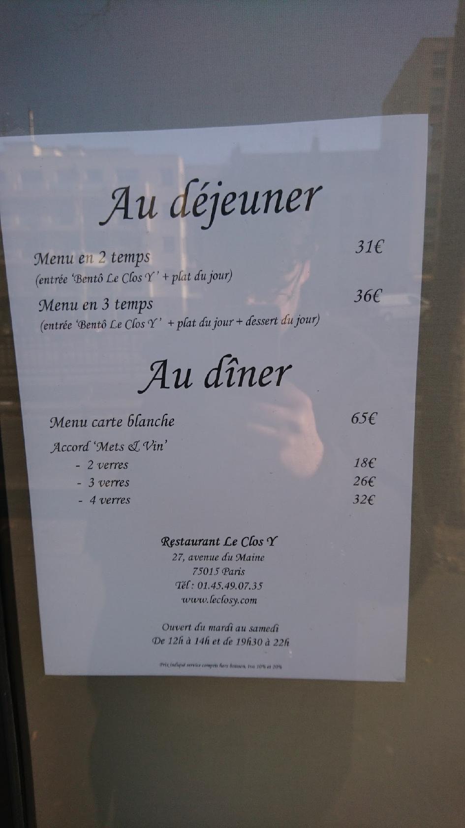 Menu at Le Clos Y restaurant, Paris