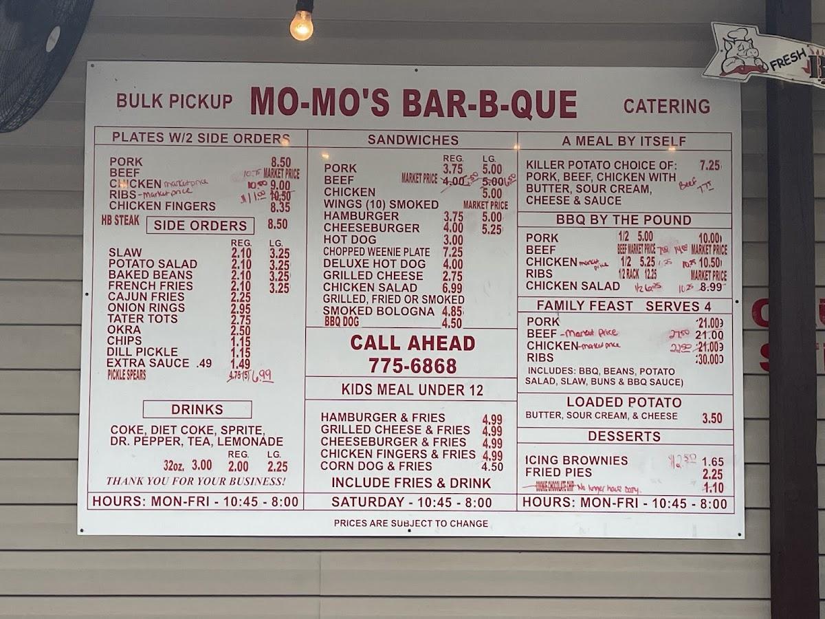Menu at MO MO's Bar BQ, Dayton