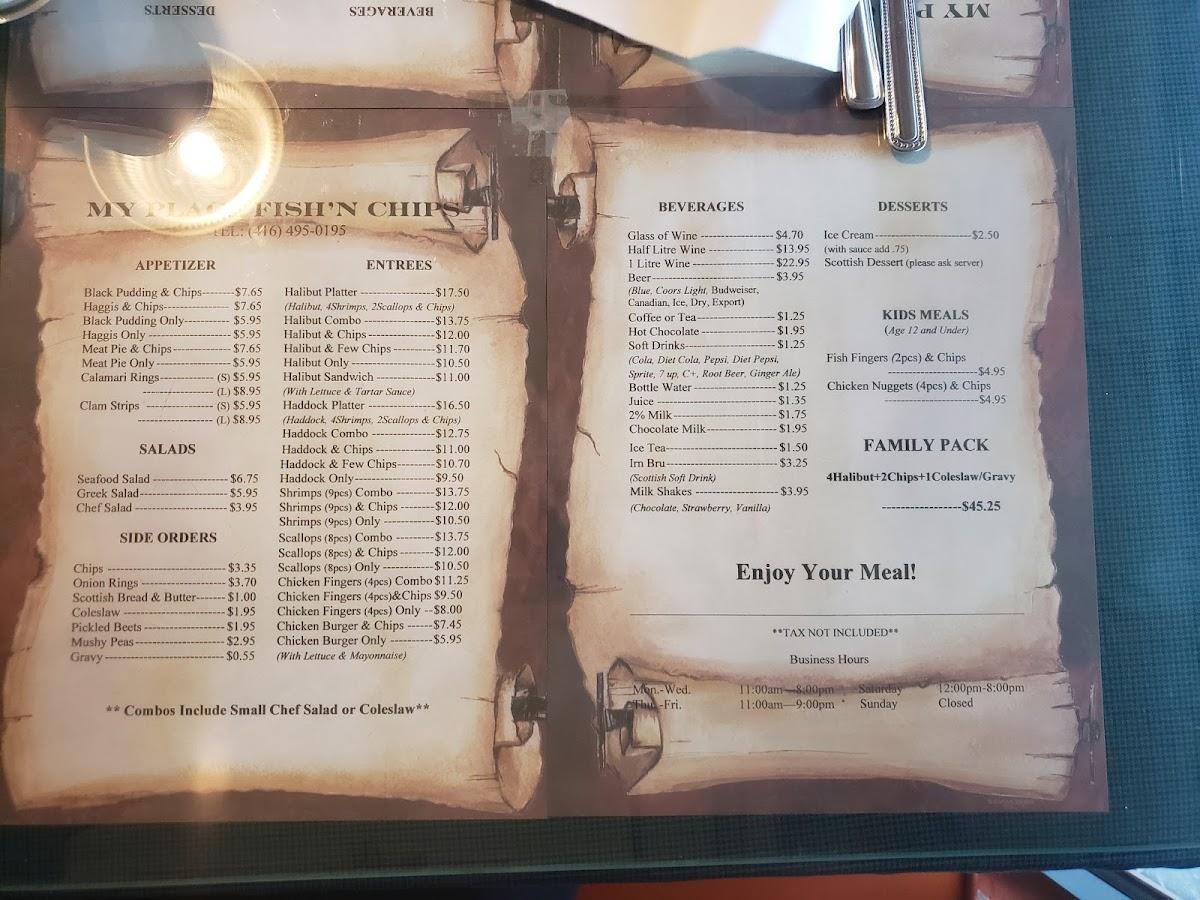 Menu at My Place Fish & Chips restaurant, Toronto