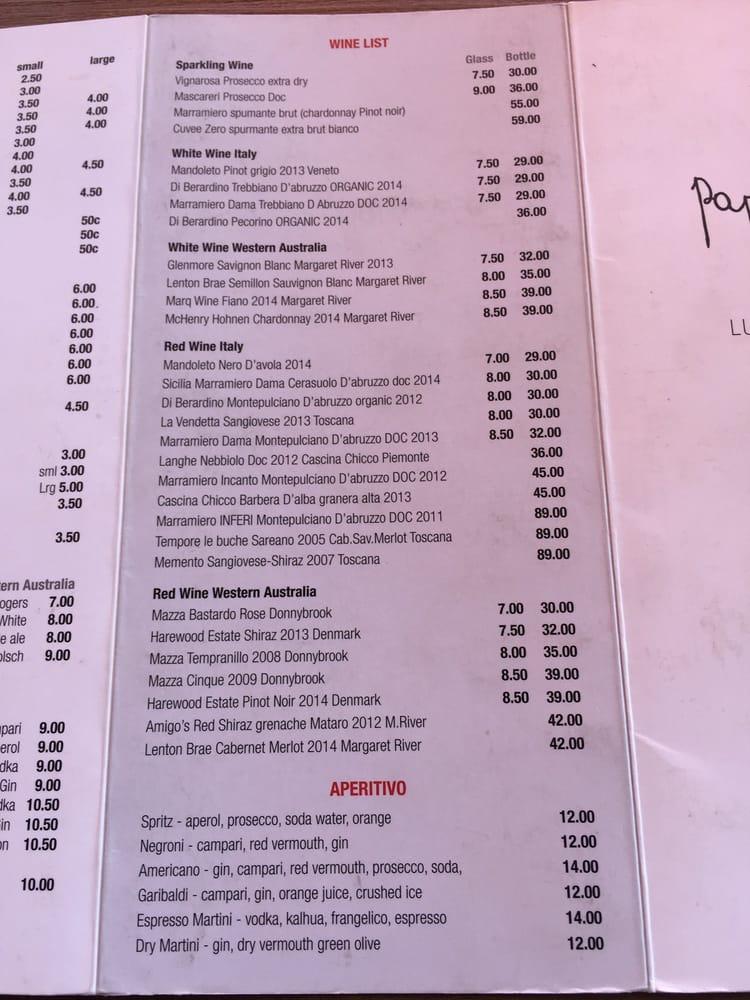 Menu at Pappagallo pizzeria, Leederville