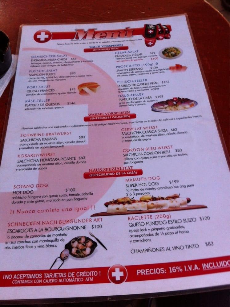 Menu at Sótano Suizo pub & bar, Tijuana
