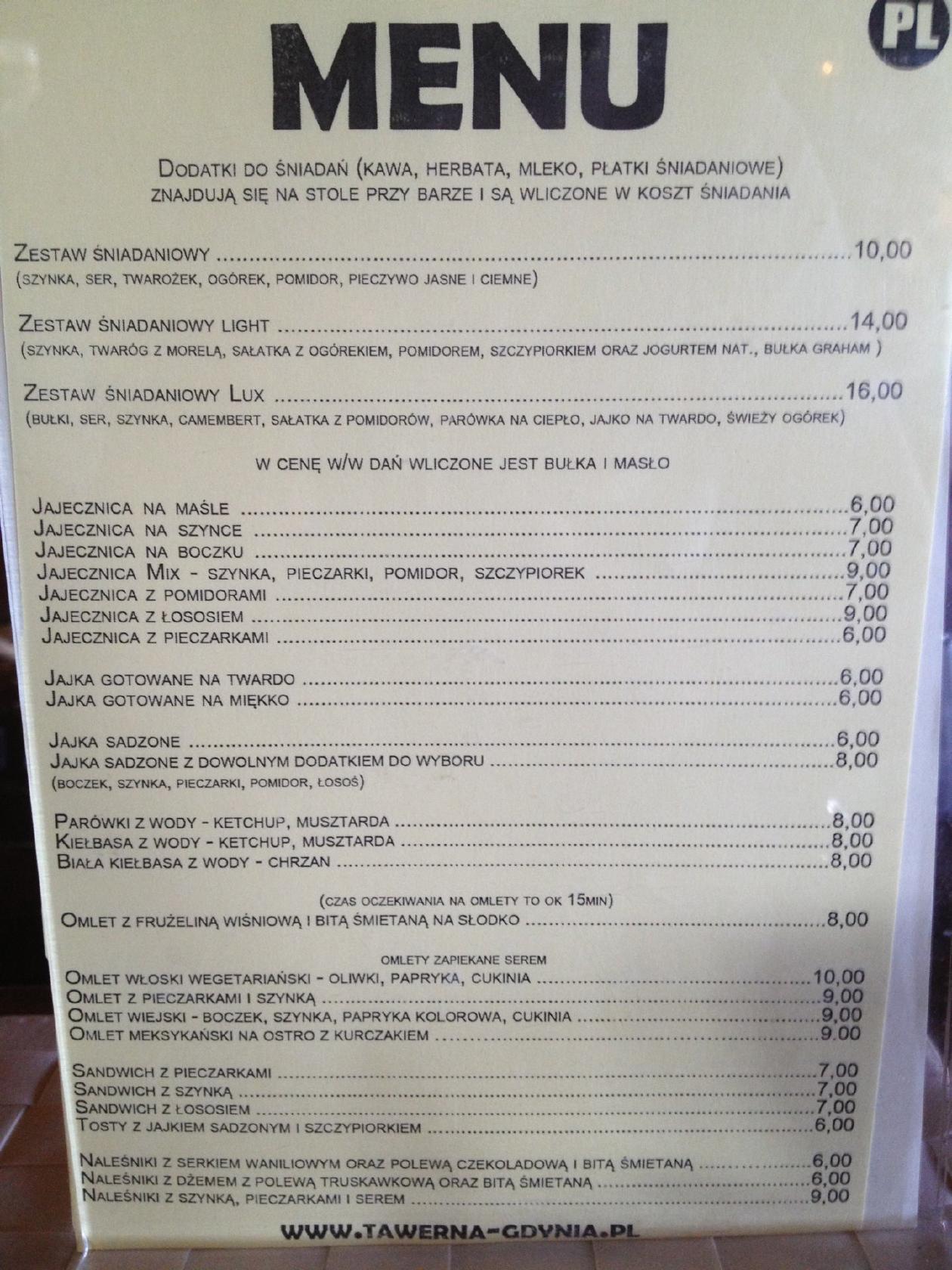 Menu at Tawerna Gdynia restaurant, Gdynia, al. Jana Pawła II 9/11