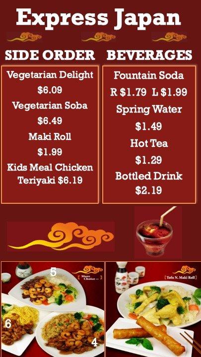 Menu at Express Japan restaurant, Olympia
