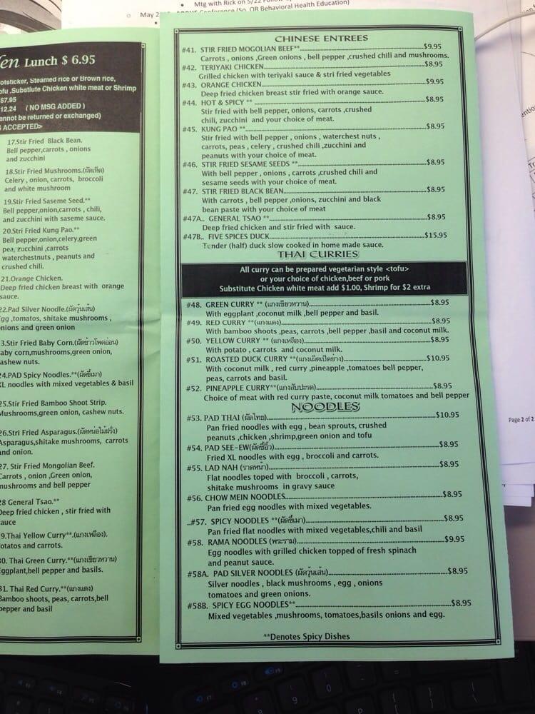 Menu at Thai Garden restaurant, Central Point