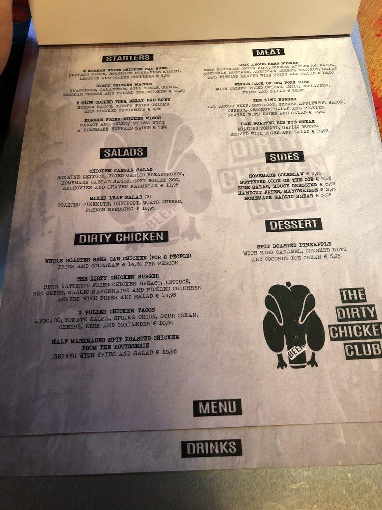 Menu at The Dirty Chicken Club, Amsterdam