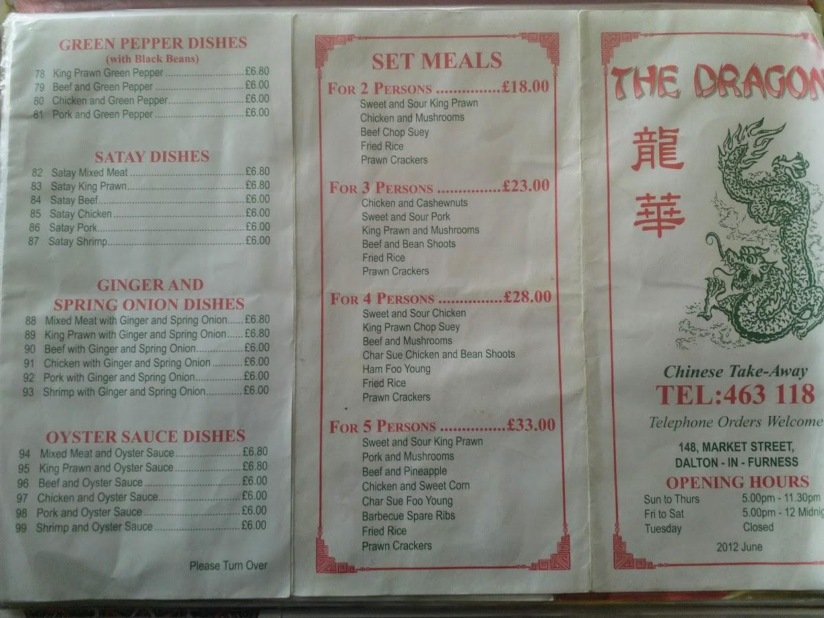 Menu at The Dragon fast food, Dalton-in-Furness