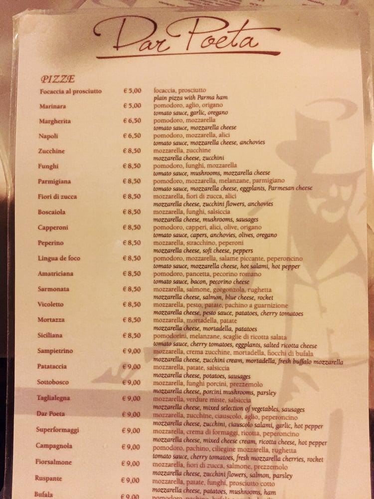 Menu at Pizzeria Dar Poeta, Rome, Vicolo del Bologna