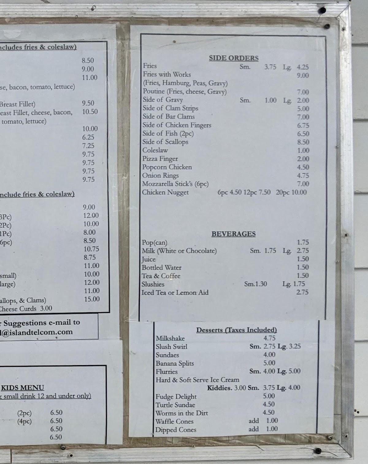 Menu at Shirley's Place restaurant, Souris