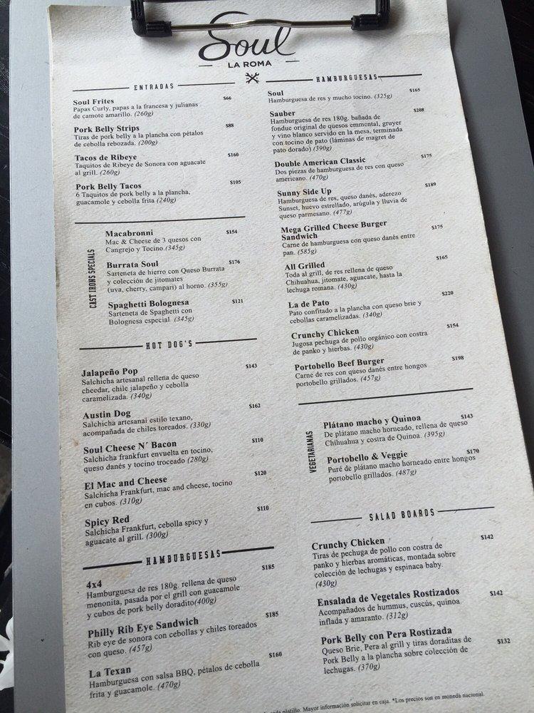 Carta del restaurante Soul La Roma, Ciudad López Mateos