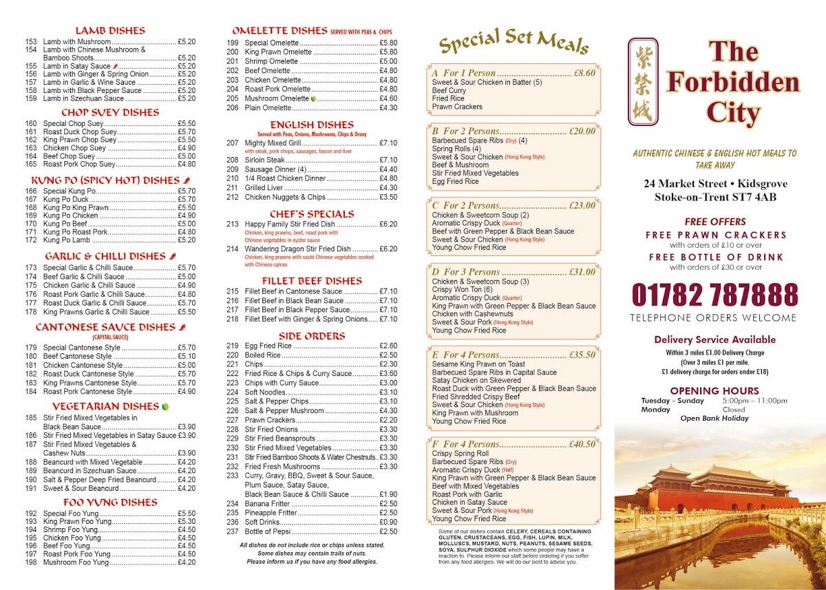 Menu at The Forbidden City Kidsgrove restaurant, Stoke-on-Trent
