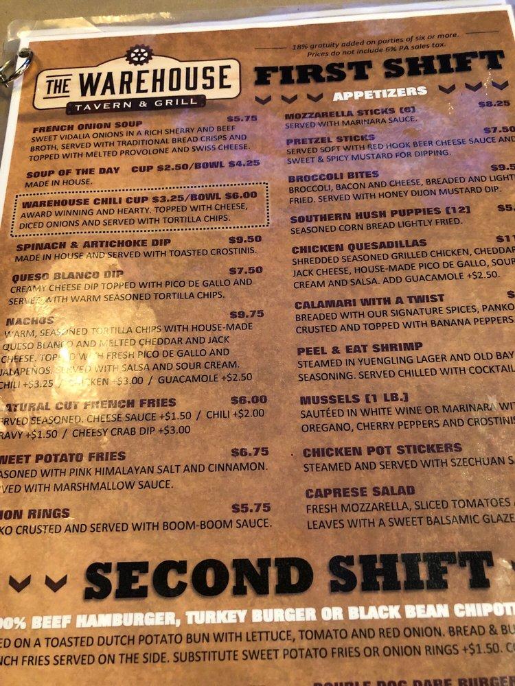 Menu at The Warehouse Tavern & Grill pub & bar, USA