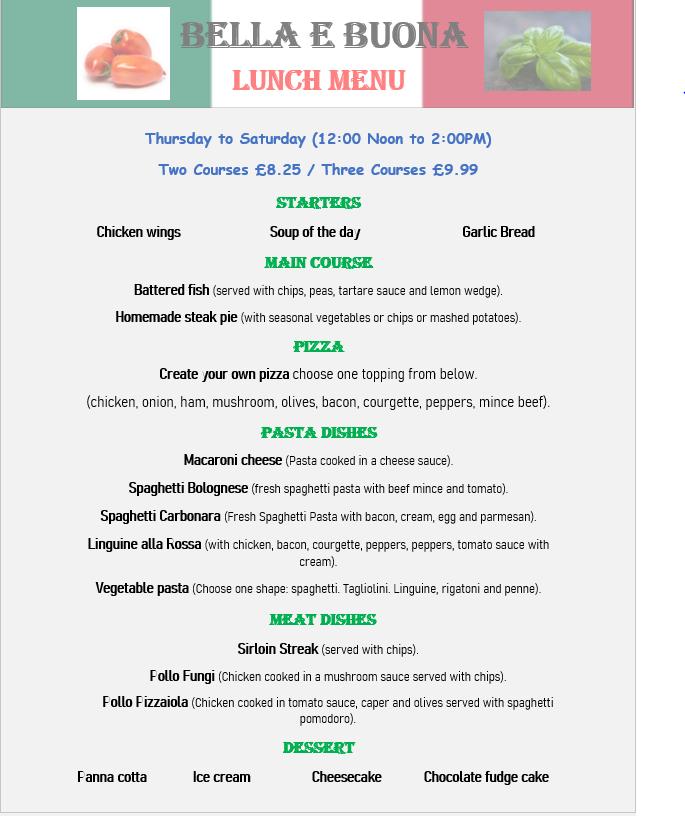 Menu at Bella e Buona restaurant, Dunfermline