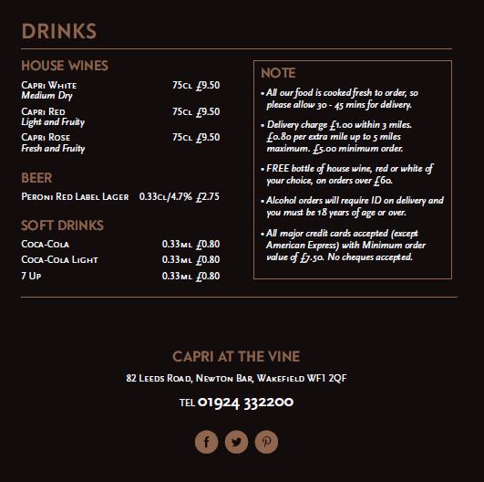 Menu at Capri @ The Vine restaurant, Wakefield