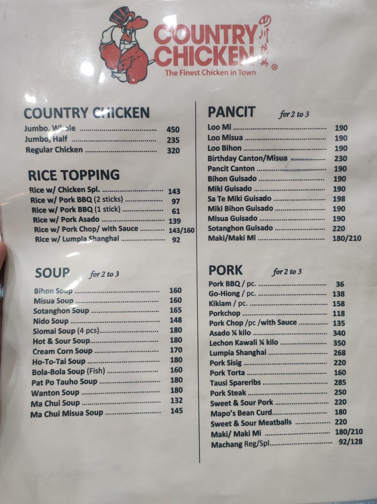 Menu at Country Chicken restaurant, Manila, Masangkay St