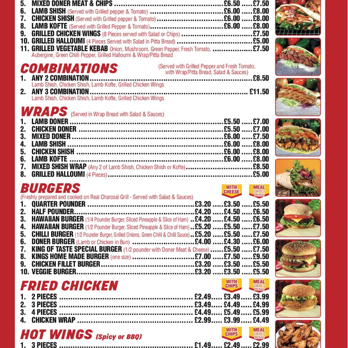 Menu at King of Taste pizzeria, Barnet