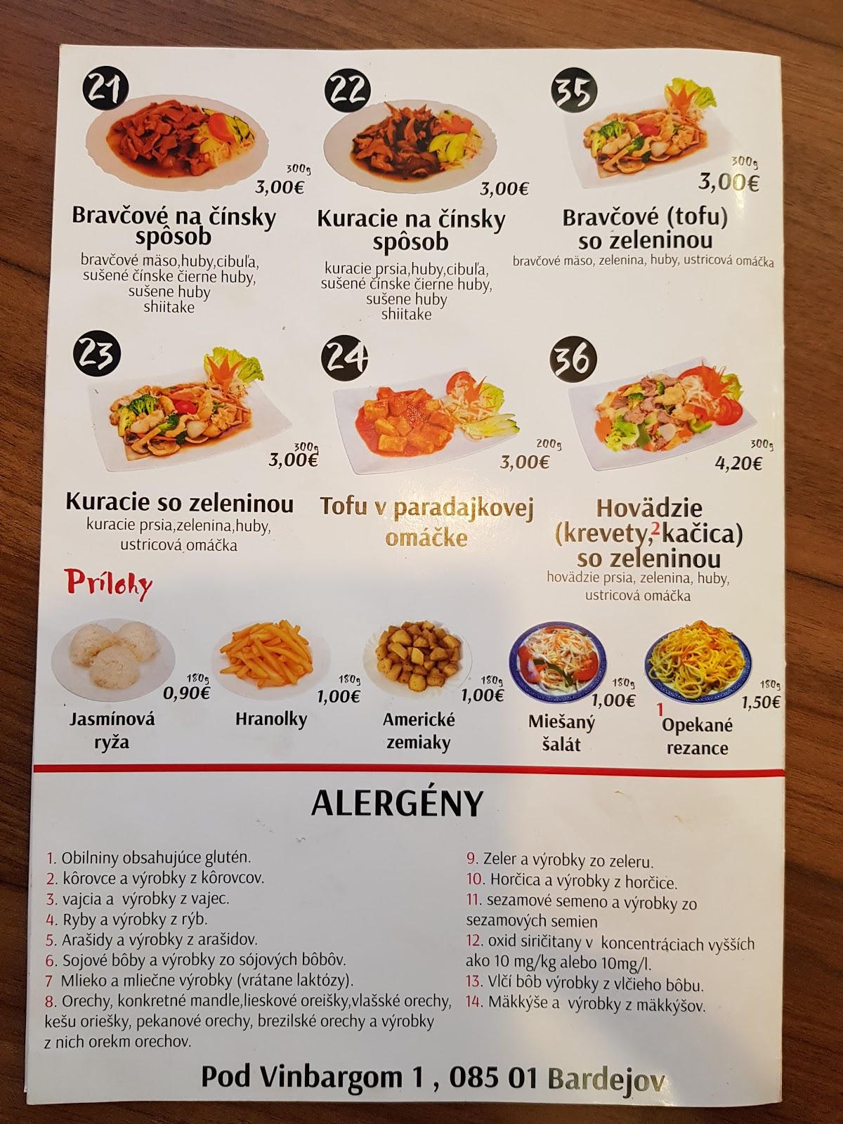 Menu at Sen Viet restaurant, Bardejov