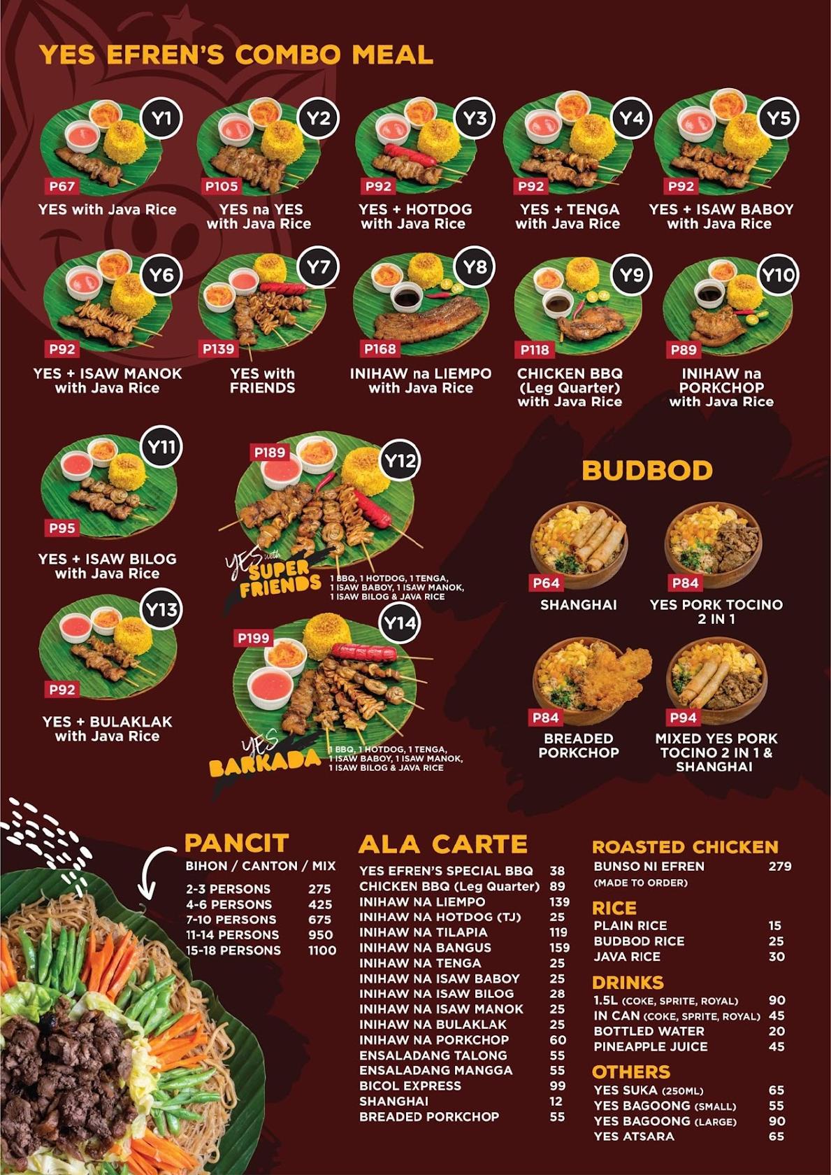 Menu at Yes Efren's Special BBQ, Cainta