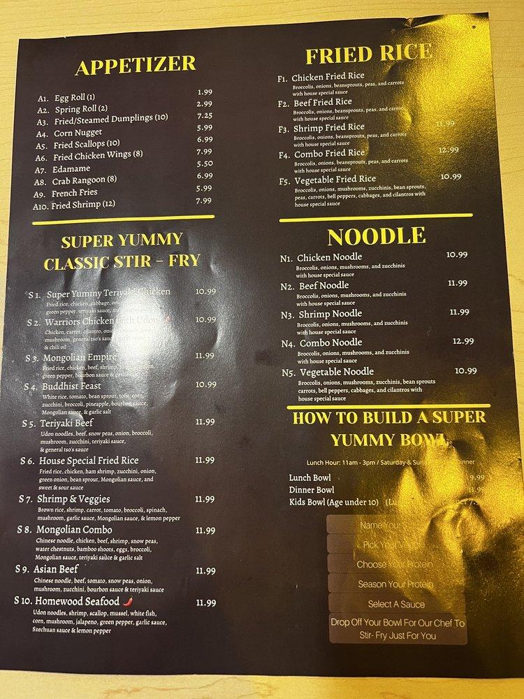 Menu at Yummy Yaki Mongolian Stir Fry and Ramen restaurant, Montgomery ...