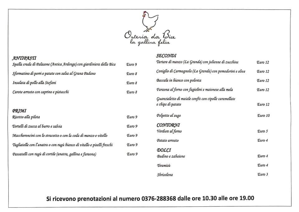 Speisekarte von Bice La Gallina Felice restaurant, Mantua