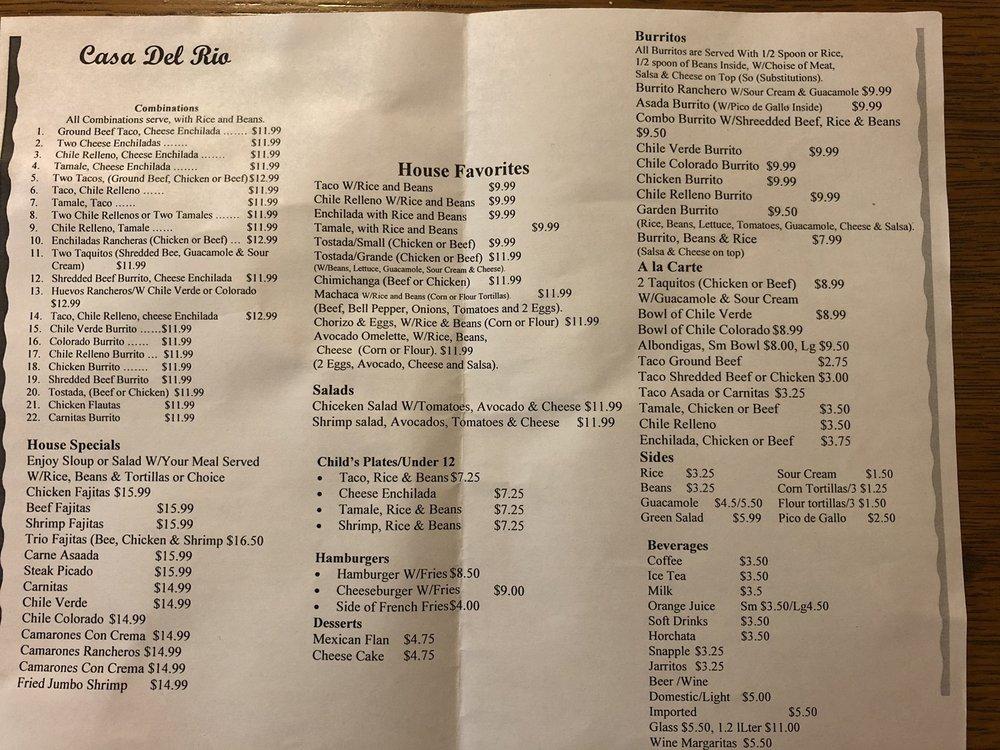 Menu at Casa Del Rio restaurant, Ventura