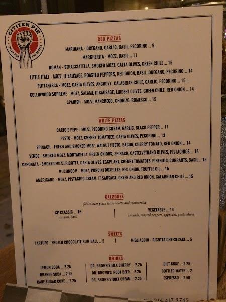 Menu at Citizen Pie pizzeria, Cleveland, Waterloo Rd #1660