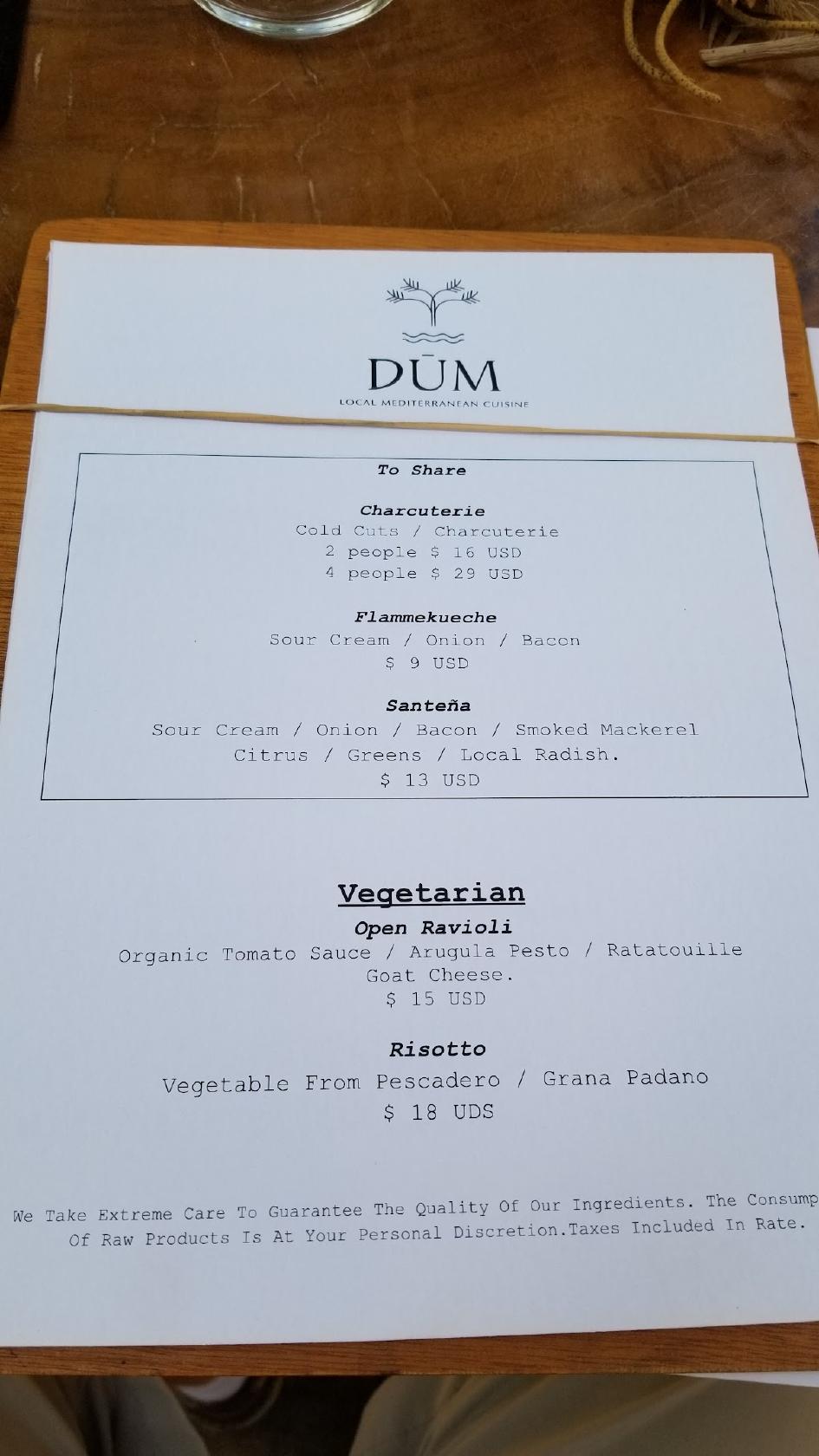 Menu at DŪM restaurant, Todos Santos