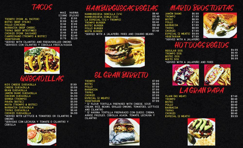 Menu at Mario Bros Tacos restaurant, Plano