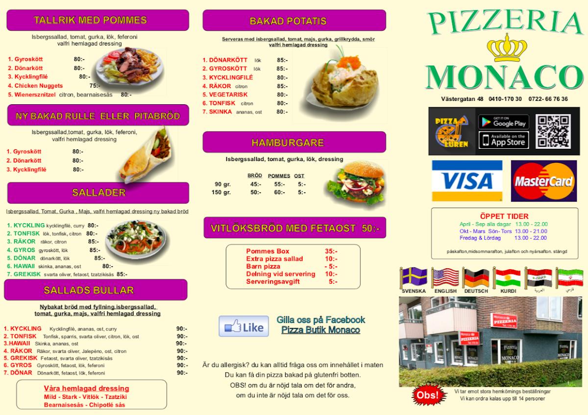 Menu at Pizzeria Monaco, Trelleborg, Västergatan 48