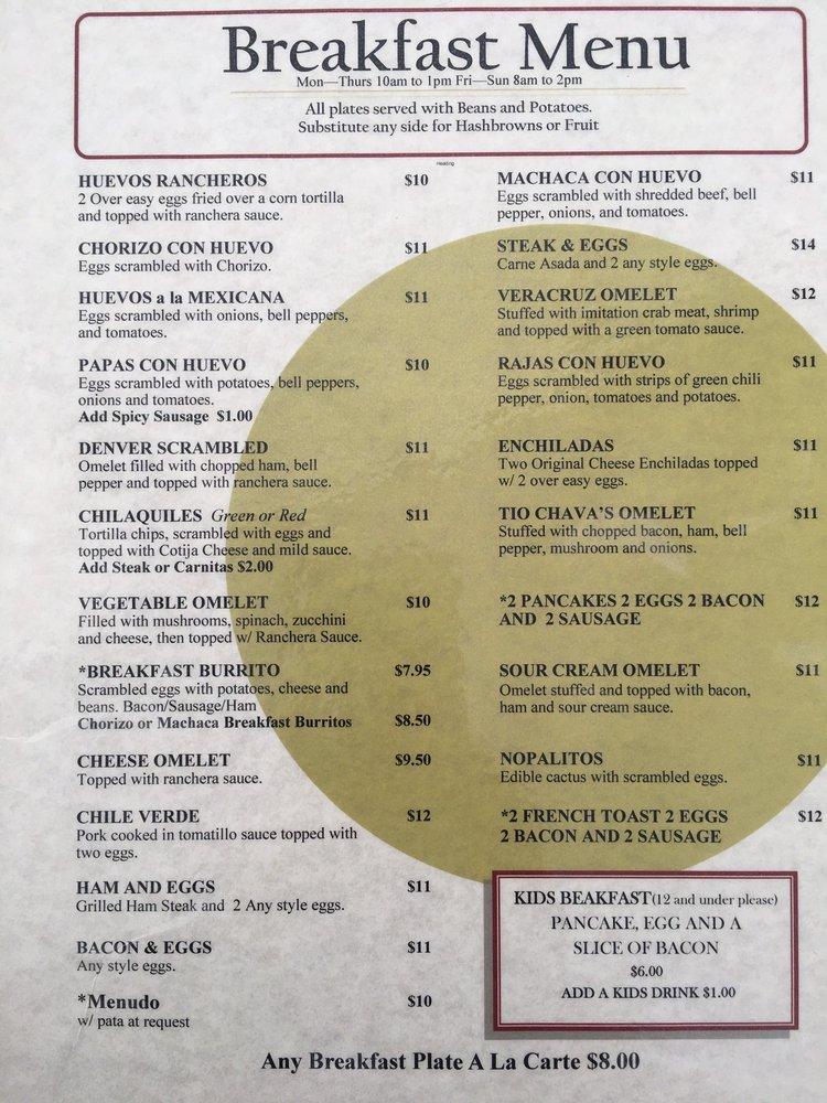 Menu at Tio Chava's restaurant, Yorba Linda