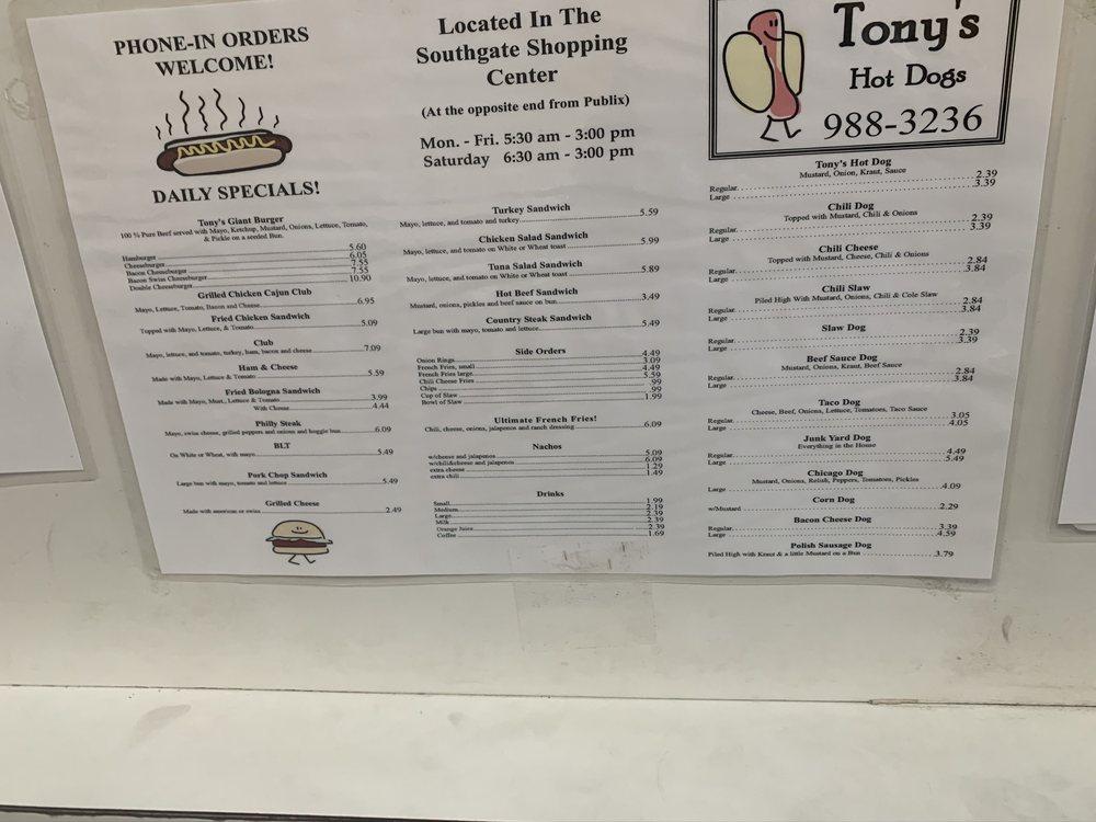 Menu at Tony's Hot Dogs restaurant, Birmingham