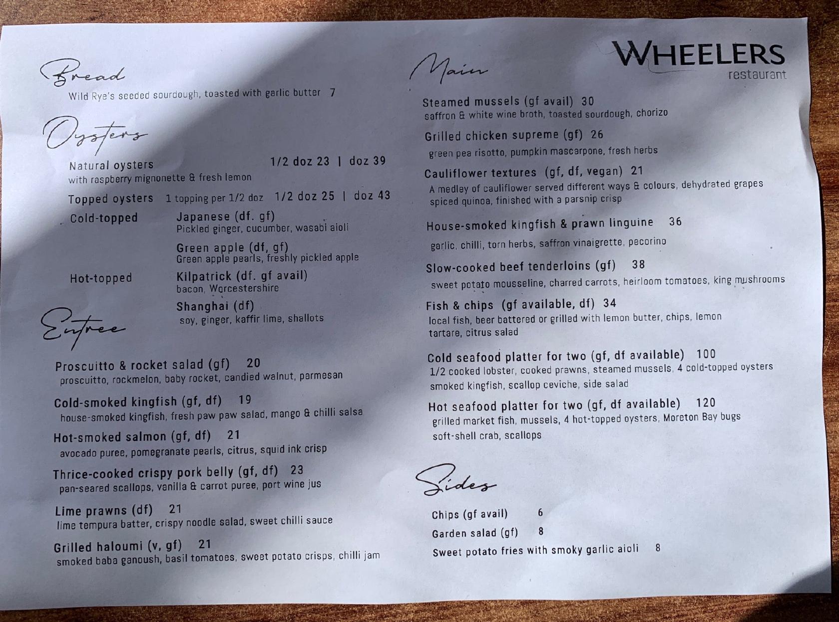 Carta de Wheeler's Seafood Restaurant & Oyster Bar, Pambula